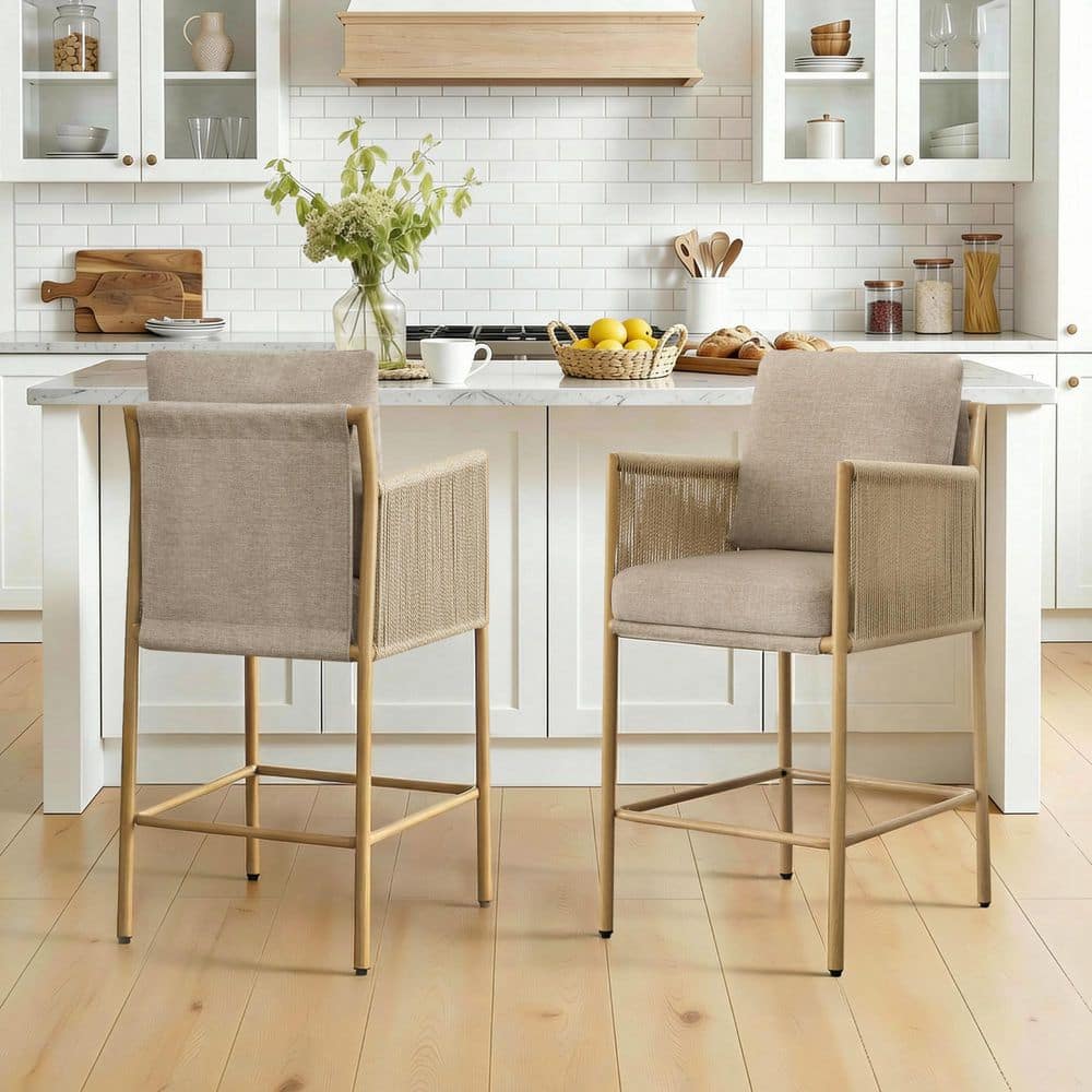 Spruce & Spring Brisa 39.4 in. Khaki Fabric Woven Rope Counter Height ...