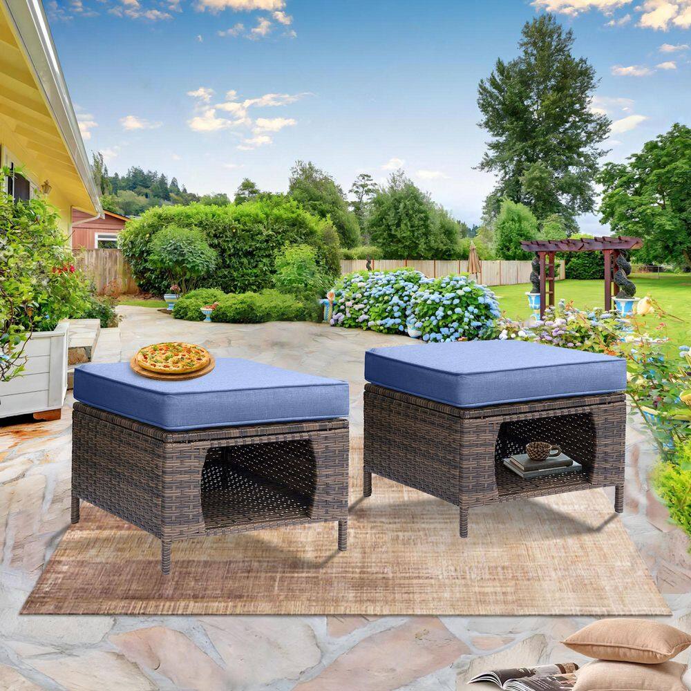 DWIOM Brown Wicker Outdoor Ottoman Steel Frame Footrest Patio Furniture ...