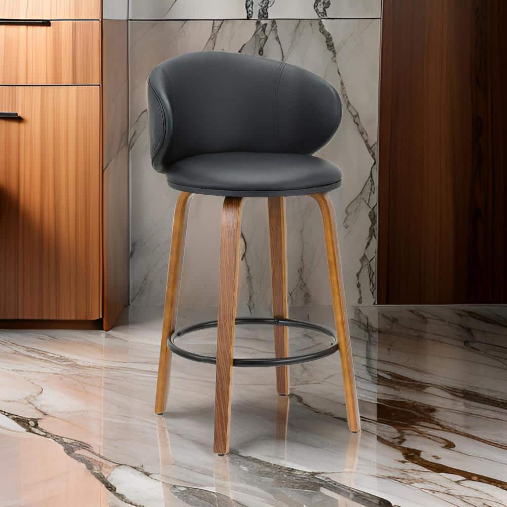 Benjara 26 in. Black and Brown Low Back Wood Frame Bar Stool with Faux ...