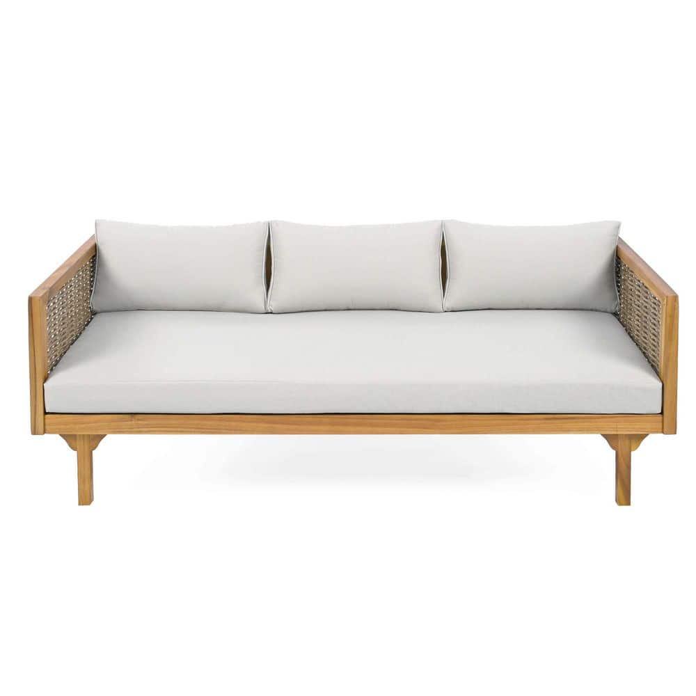 3-Seater Acacia Wood Outdoor Day Bed with Rattan Arms-Water-Resistant ...