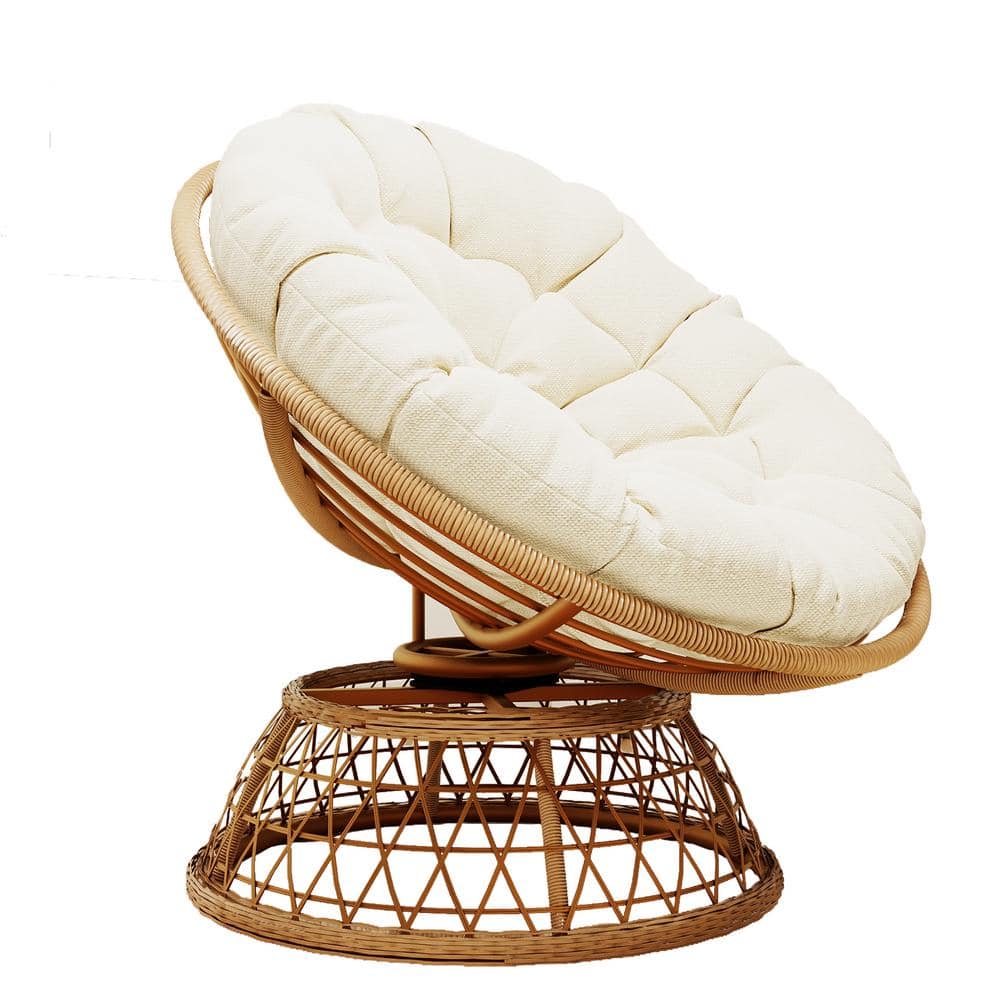 BOPOREA MEGO LLC Relax and Rotate: 36 in. Wicker Lounge Chair with Beige Cushion, 360° Swivel ...