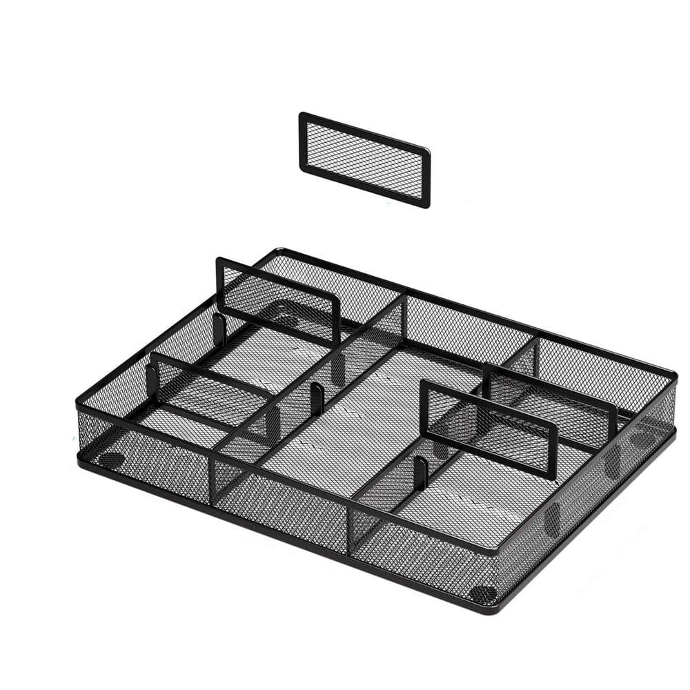 Black Metal Mesh Desk Drawer Organizer Tray w/5 Adjustable Compartments ...