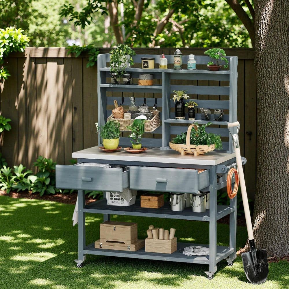 46.7 in. W x 65 in. H Gray Blue Outdoor Potting Bench, Grill Cart with ...