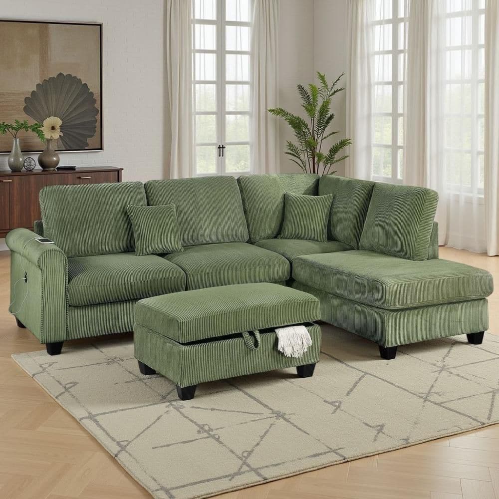 Benjara 35 in. Square Arms 1-Piece Corduroy L Shape with Sectional Sofa ...