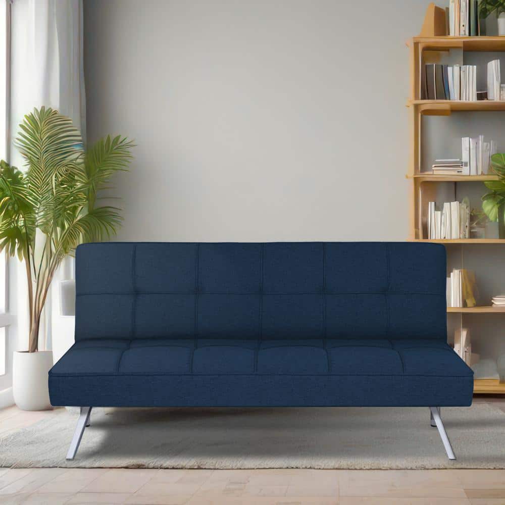 MAYKOOSH Navy Blue Modern Futon Sofa Bed-Linen Upholstered Convertible ...