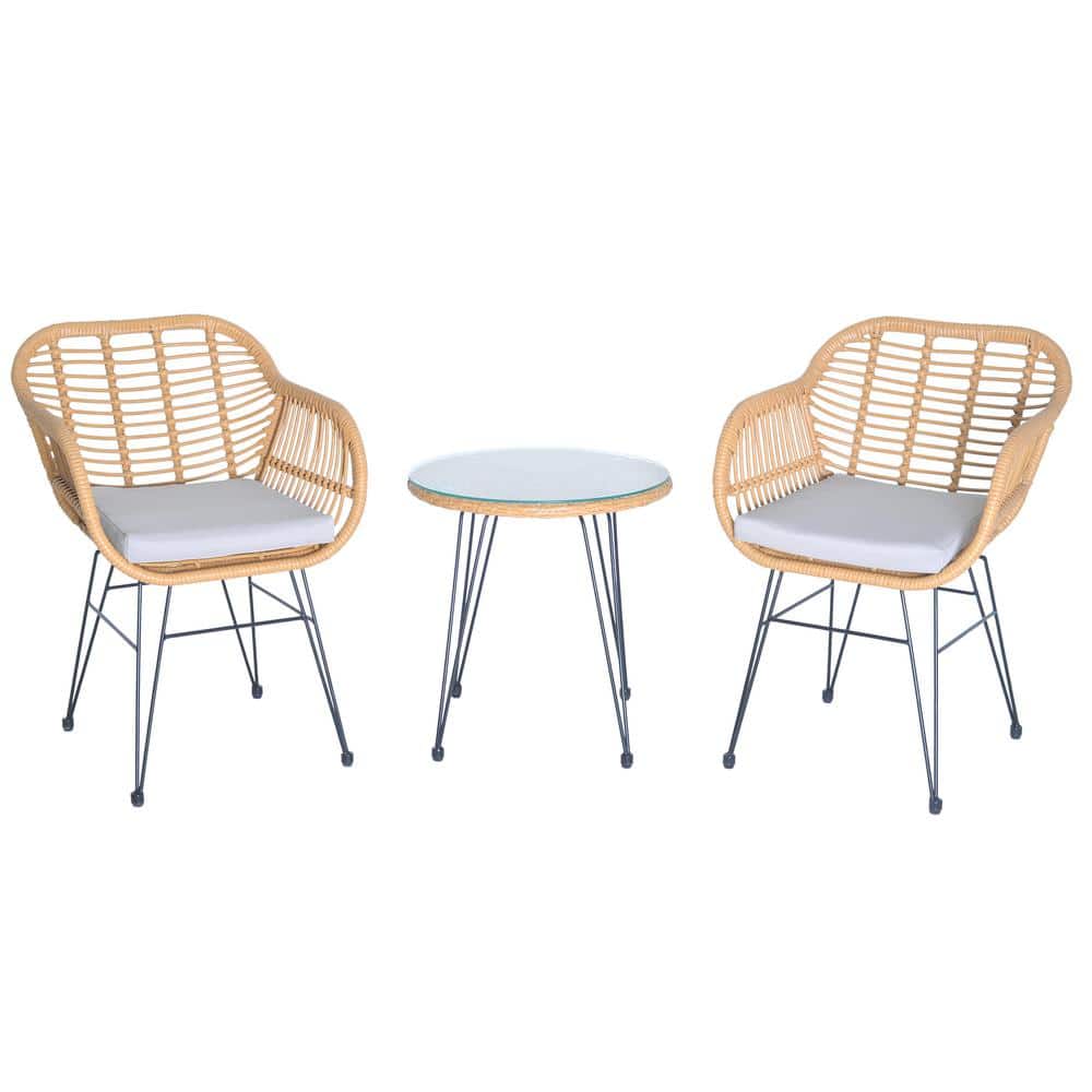 Uixe 3-Piece Patio Wicker Outdoor Bistro Yellow Rattan Chair and Glass ...