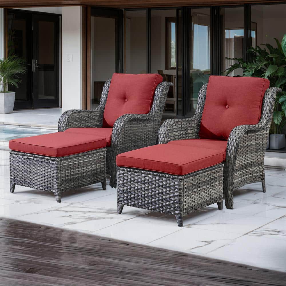 moosprr Arcline 4-Piece Patio Gray Wicker Outdoor Chat Sets with Red ...