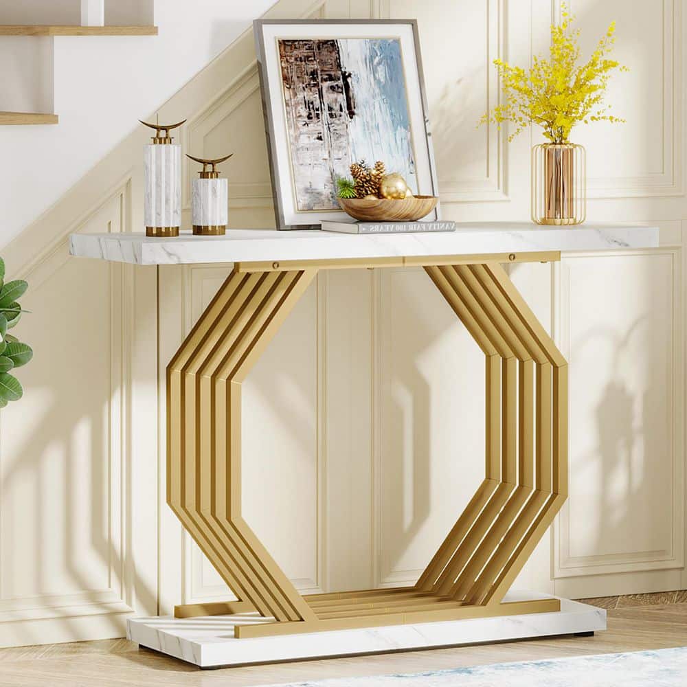BYBLIGHT Turrella 40 in. Gold Hexagon Particle Board Console Table with Storage, Faux Marble ...