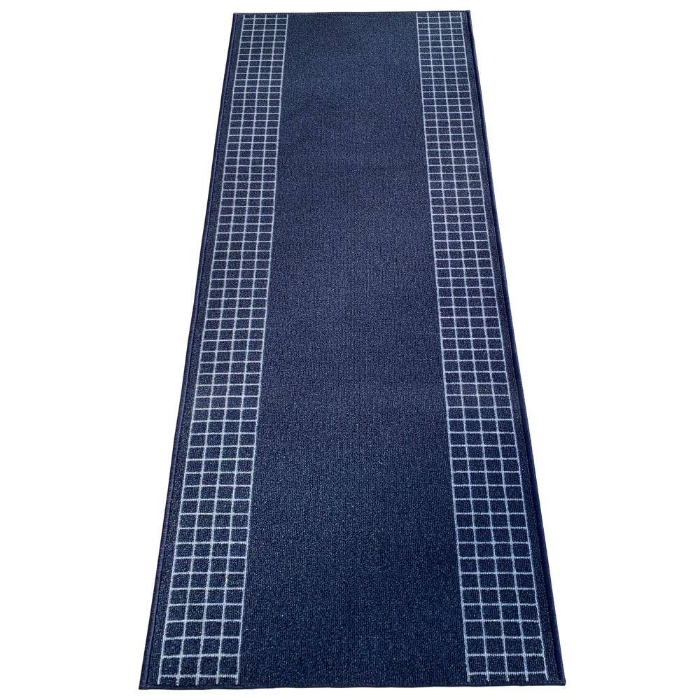 PLAYA RUG Checkered Border Blue 26 in. W x 24 ft. L Runner Rug/Stair ...