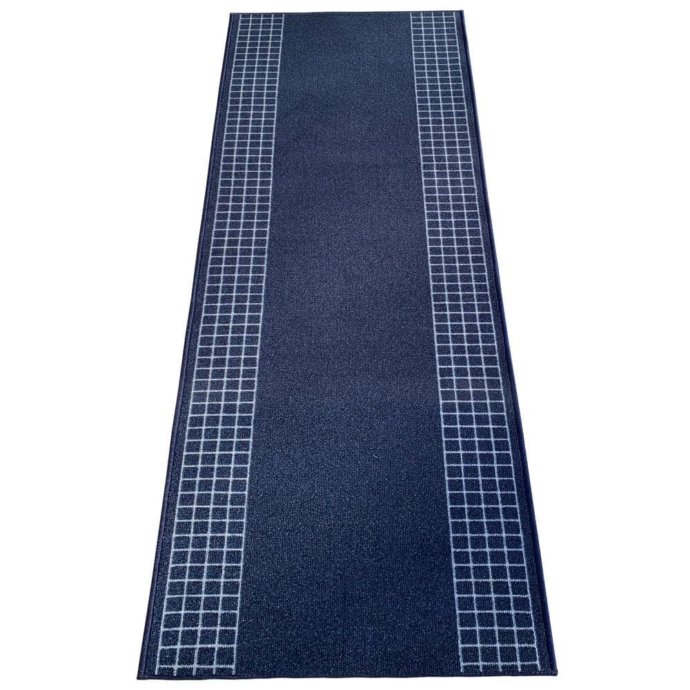 PLAYA RUG Checkered Border Blue 31 in. W x 30 ft. L Runner Rug/Stair ...