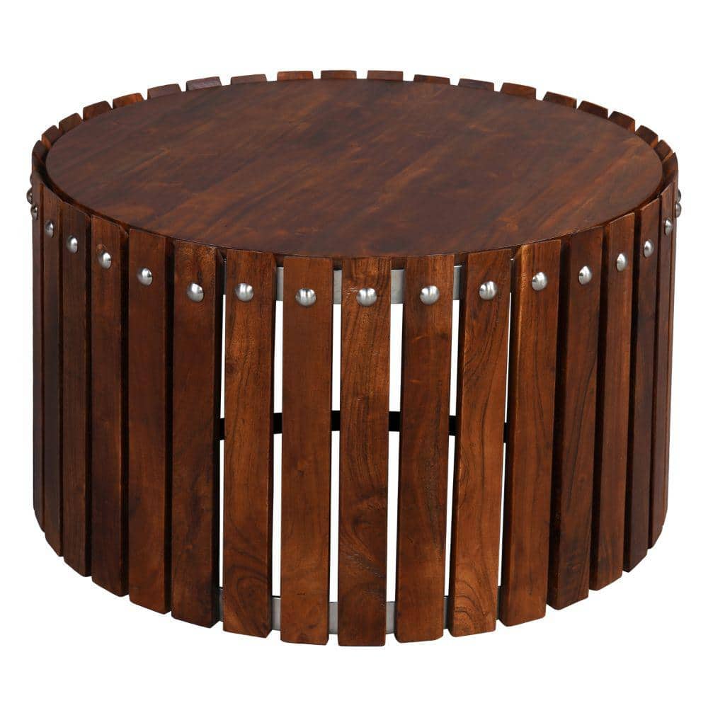 THE URBAN PORT Myla 31 in. Dark Walnut Brown Handcrafted Round Acacia ...