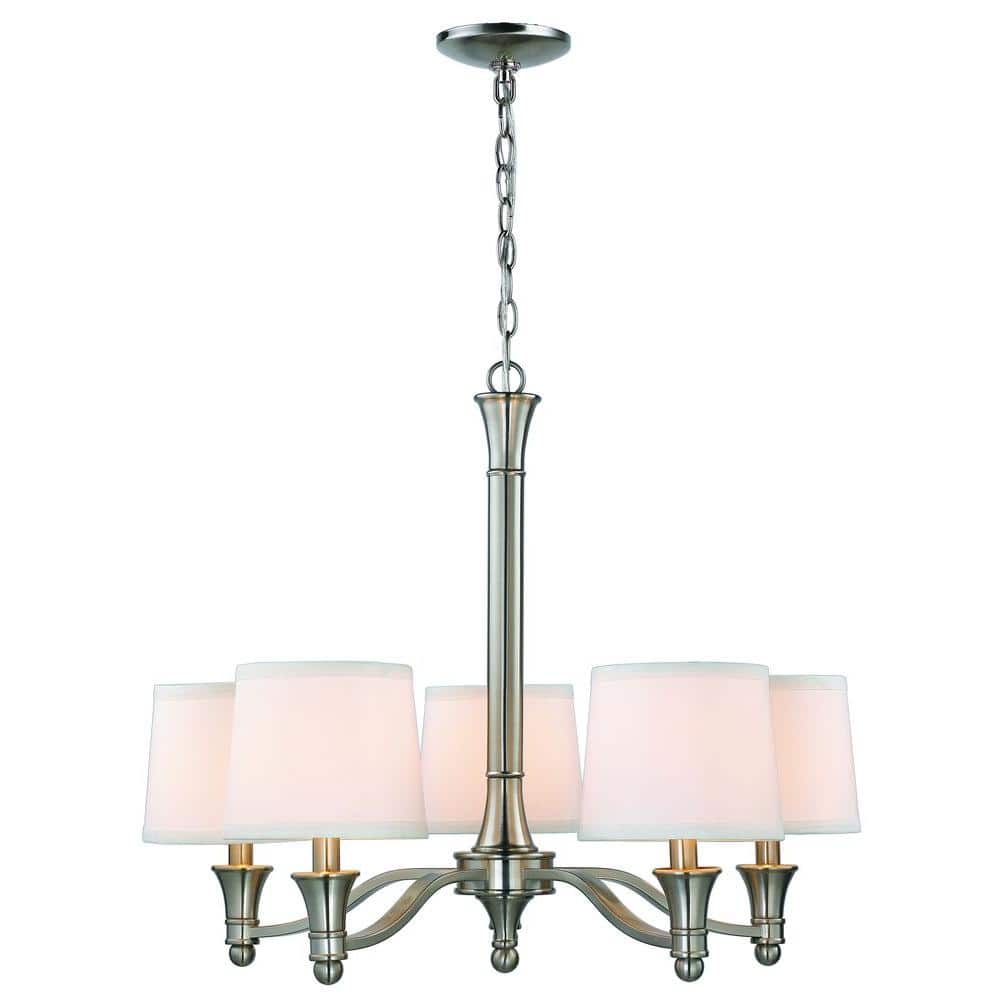 Hampton Bay 5-Light Brushed Nickel Chandelier with White Fabric Shades ...
