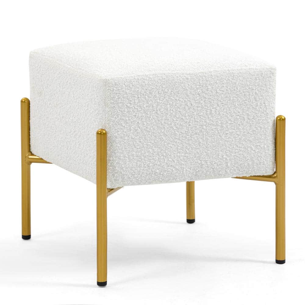 Glamour Home Aysha Square Boucle Fabric Ottoman with Gold Accent Legs in White GHOTM 1679