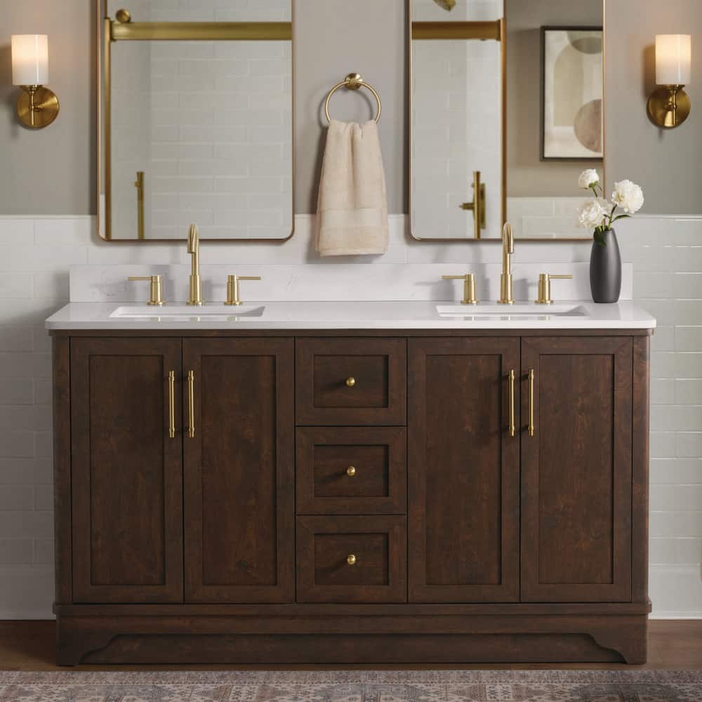 Glacier Bay Eastwood 61 in. Double Sink Dark Walnut Bath Vanity with ...