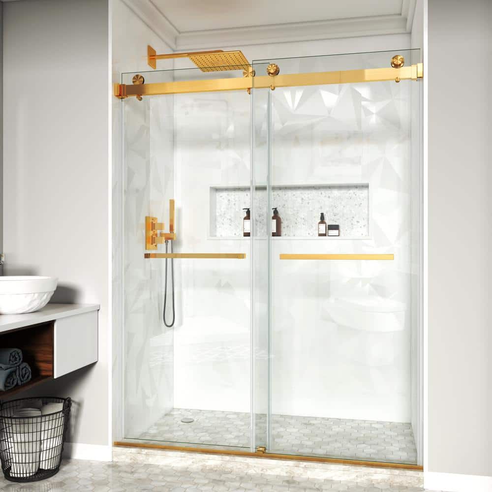 MOHALEN 66-73 in. W x 76 in. H Double Sliding Frameless Shower Door in Brushed Gold with 3/8 in ...