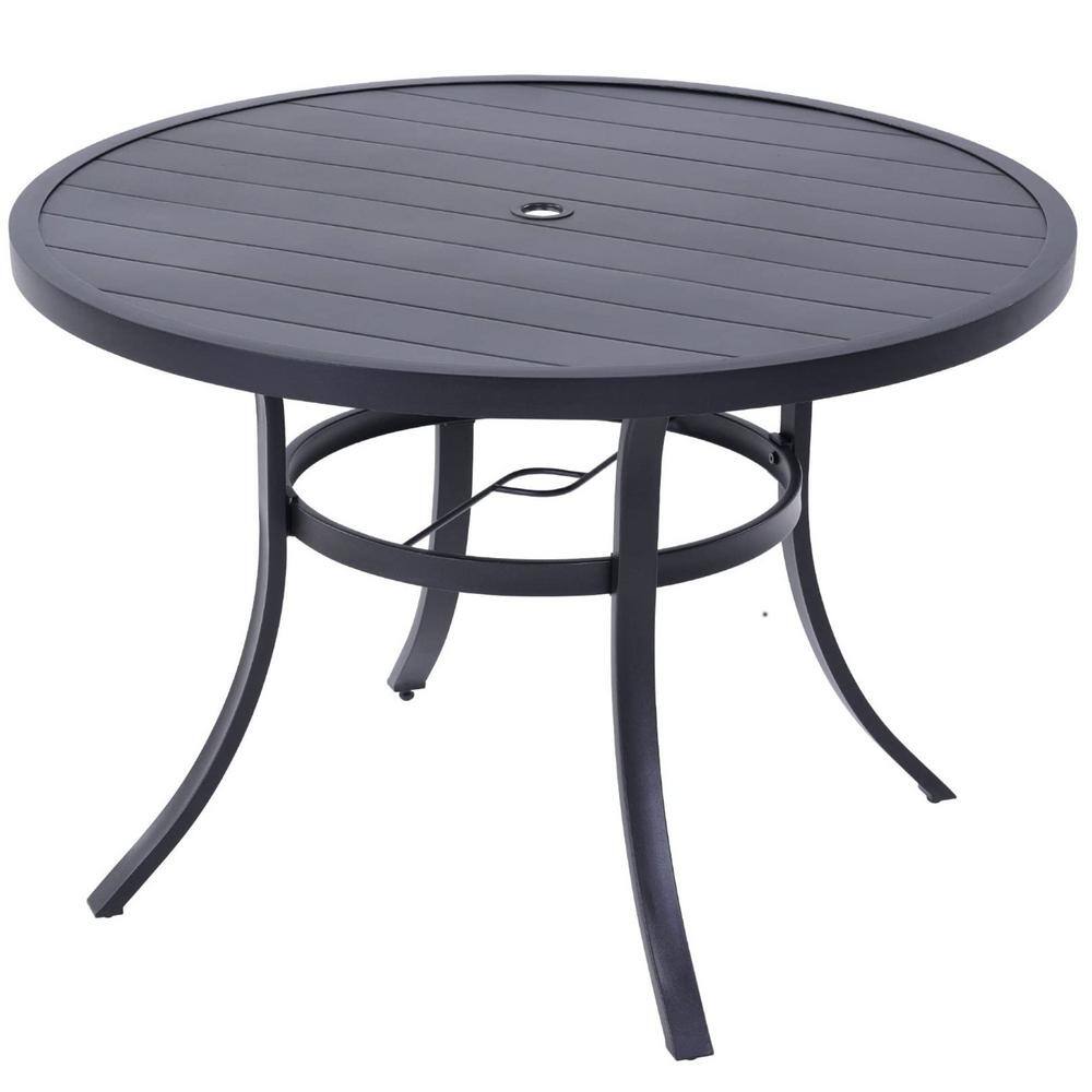 Mondawe Round Composite Outdoor Dining Table Black Embossed Woodgrain ...