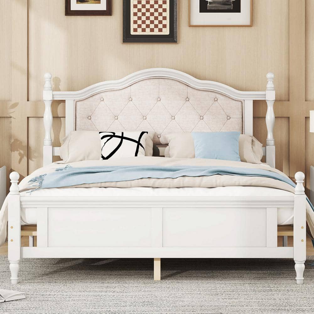Noble House Japal White Wood Frame Queen Size Upholstered Tufted ...