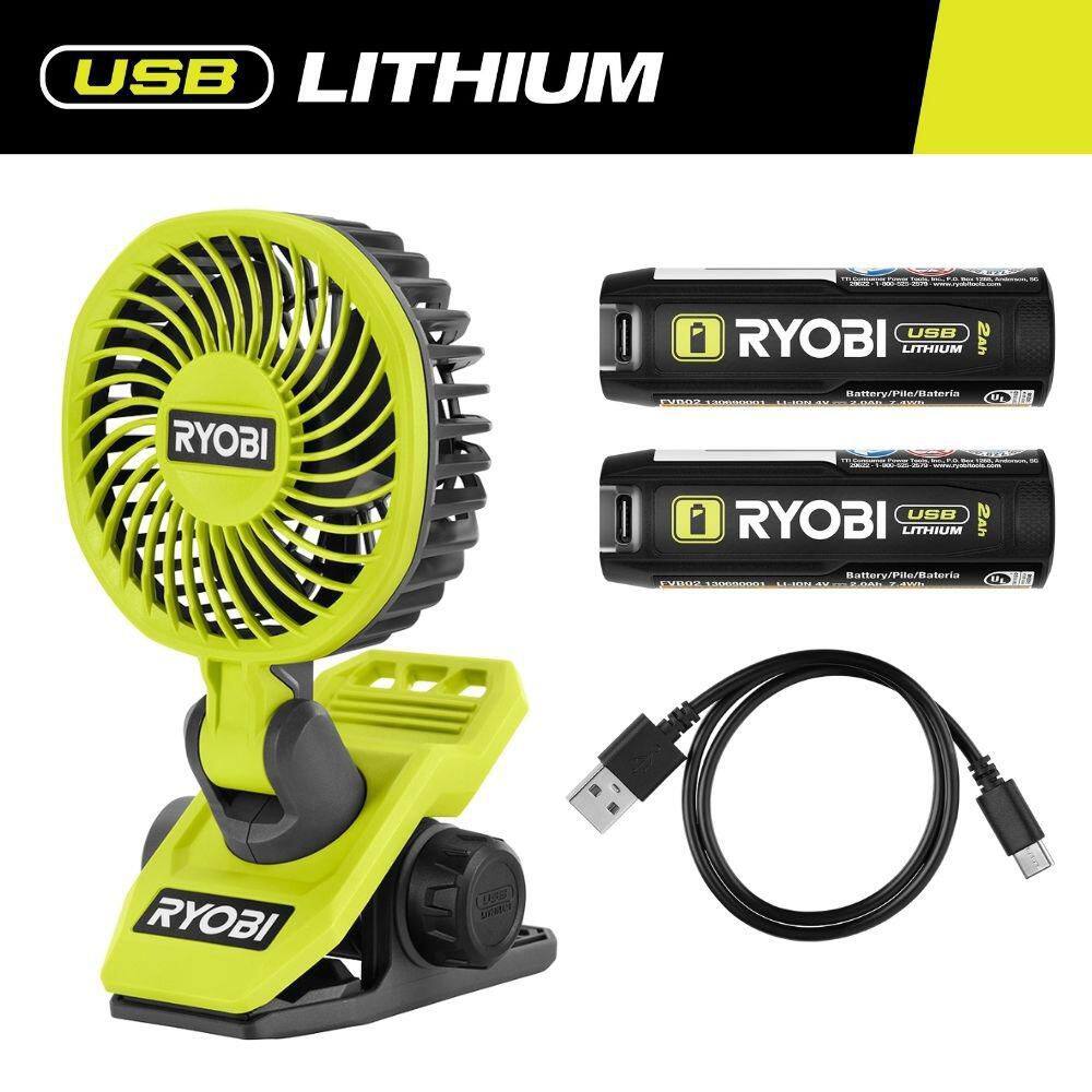 RYOBI USB Lithium Clamp Fan Kit with USB Lithium 2.0 Ah Lithium ...