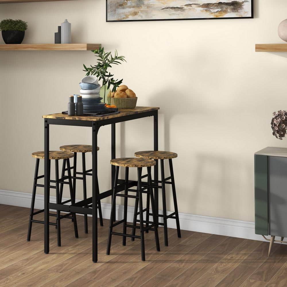 HOMCOM Wood Bar Table Set for 4-Industrial High-Top Table with Bar ...