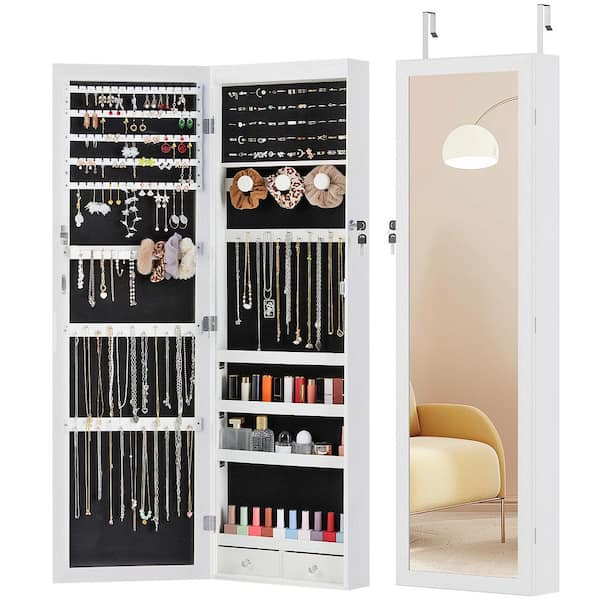 Lockable Jewelry Cabinet Wall Door Mounted Mirror Organizer LED White