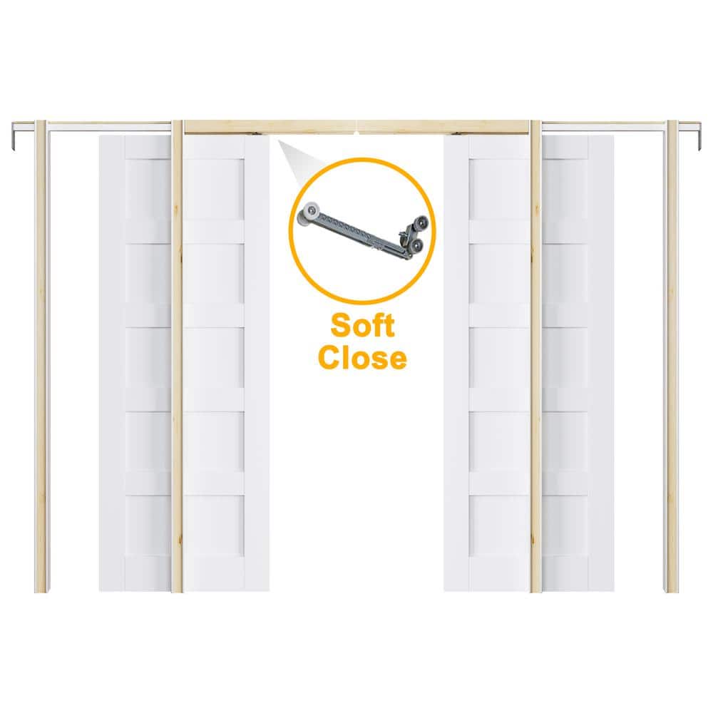 ARK DESIGN 72 in. x 80 in. 5-Paneled White Primed Wood Sliding Pocket ...