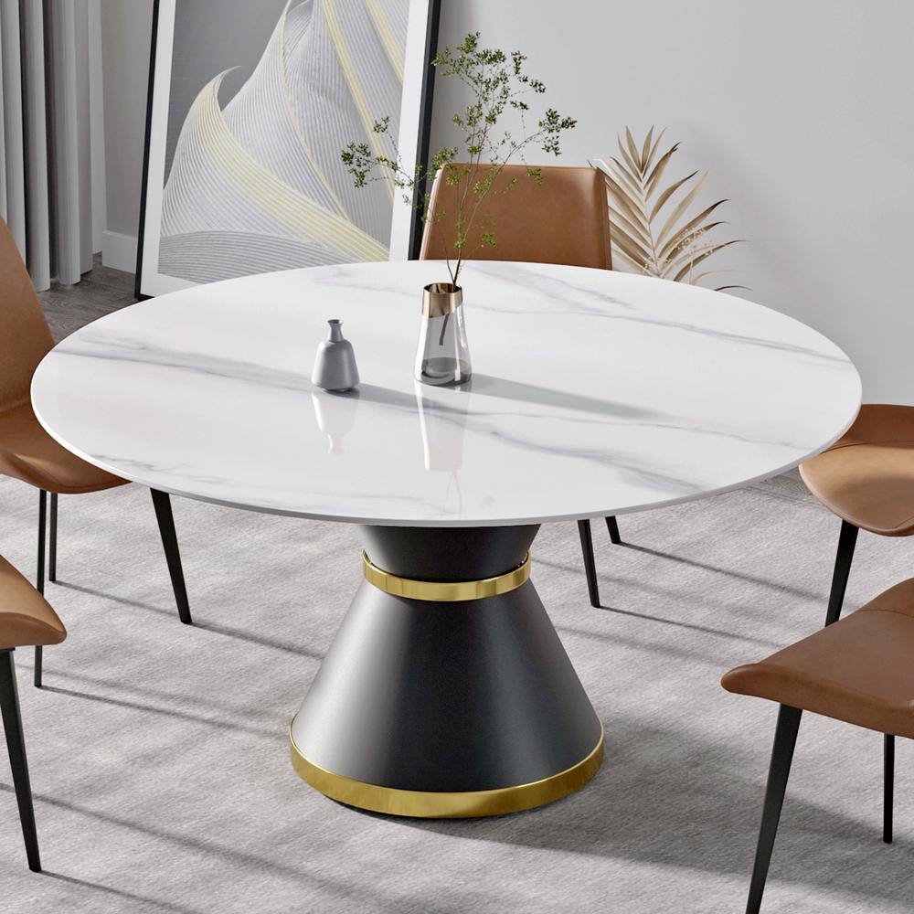 Magic Home 59.05 in. Round Sintered Stone Dining Table with Black ...