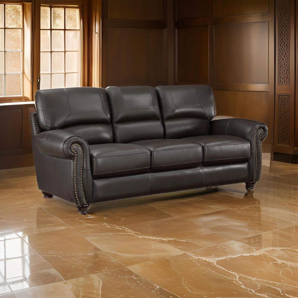Benjara Kia 37 in. Round Arm Faux Leather Rectangle Sofa in Brown and Espresso Brown BM315509 ...