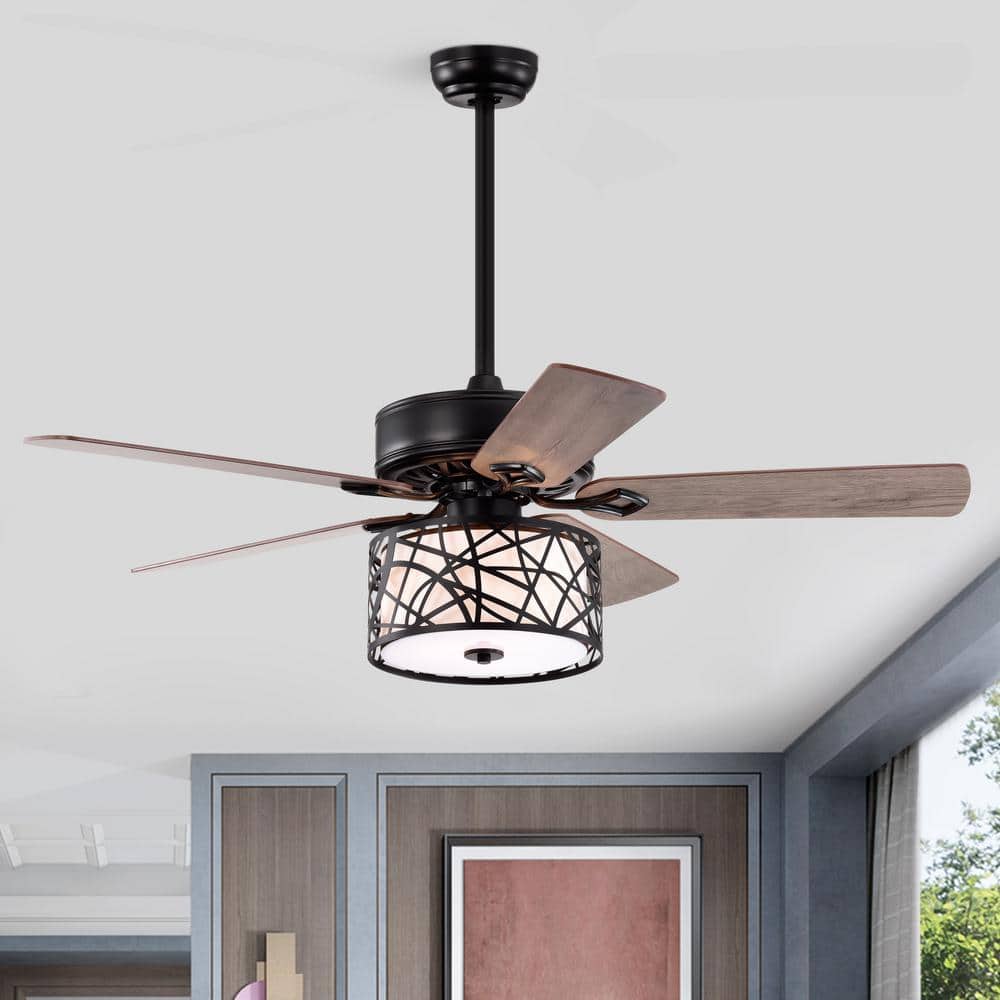 Nestfair 52 in. Indoor Matte Black Ceiling Fan with Light, Remote and 5 ...