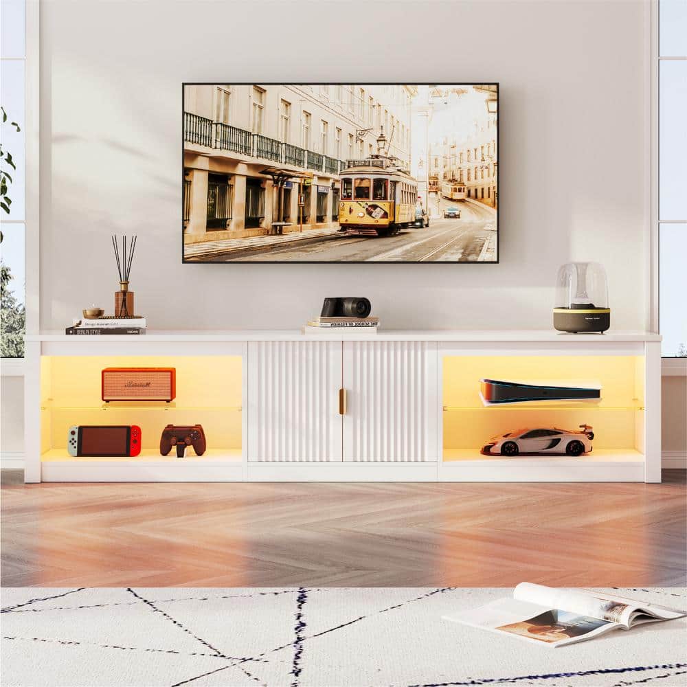 Reviews for Bestier 80 in. Fluted Glossy White TV Stand Fits TV Up to ...