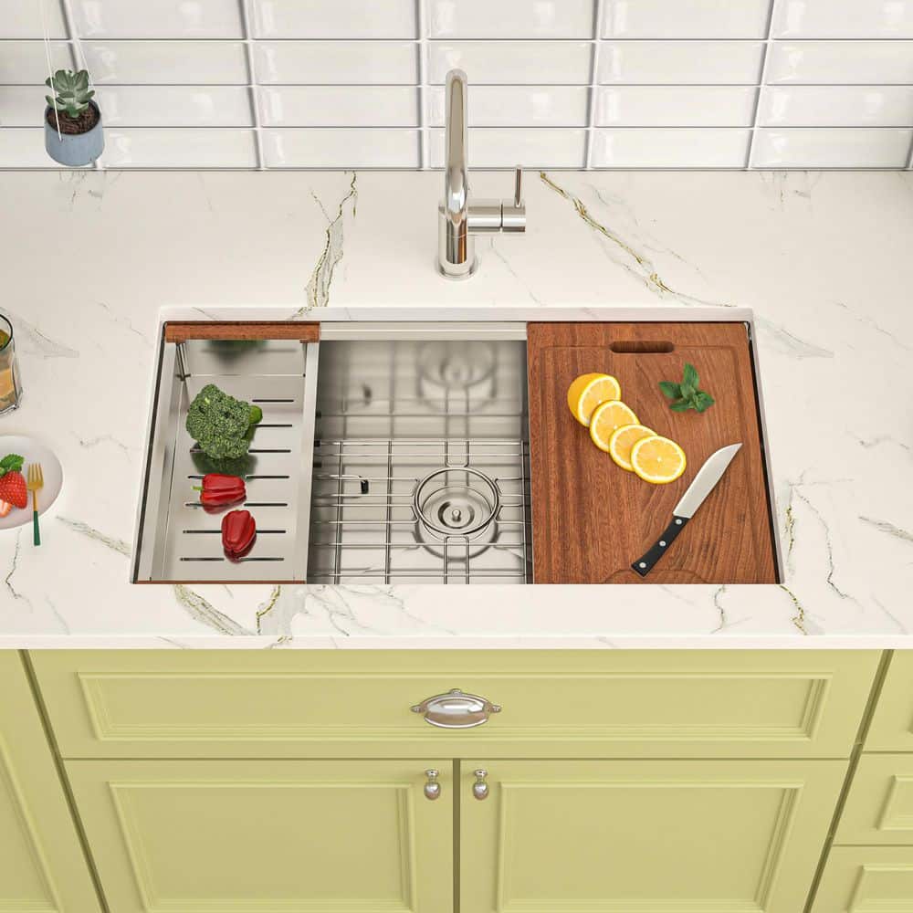 Qidian 30 in. Undermount Single Bowl 16-Gauge Brushed Nickel Stainless ...