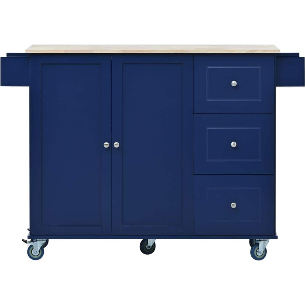 Boosicavelly Blue Solid Wood MDF Kitchen Cart with Drop-Leaf Countertop ...