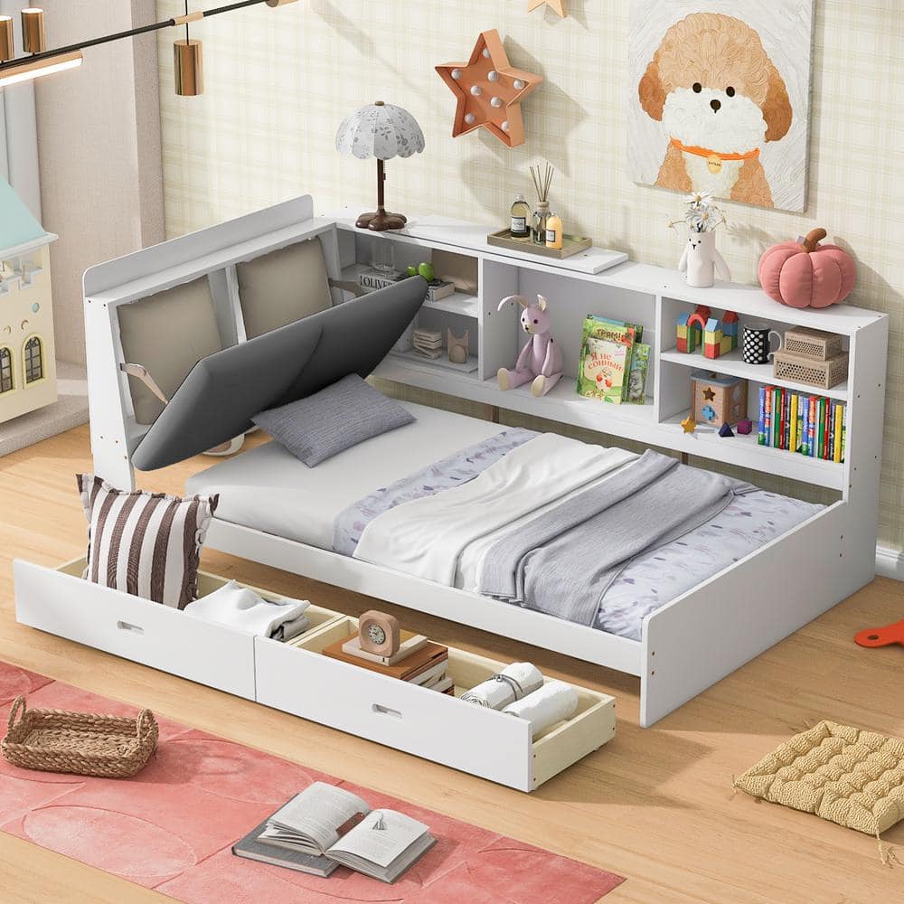 White Wood Frame Twin Platform Bed with 2 Drawer Linen Upholstered Headboard with Hidden Storage Rotatable Board