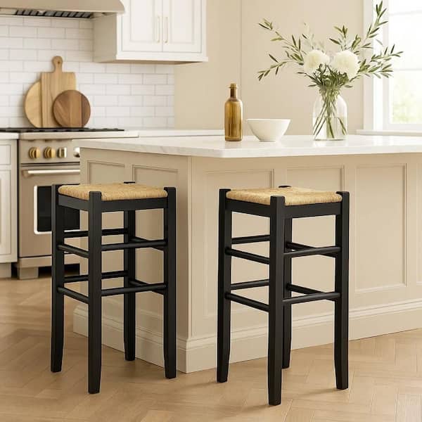 Benjara Anya 29.5 in. H Black and Brown Backless Wood Frame Bar Height ...