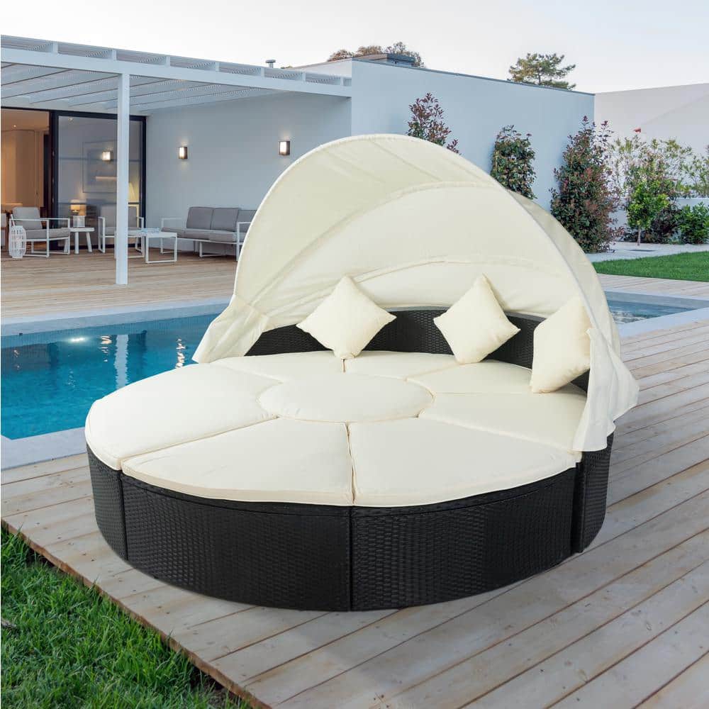 Harper & Bright Designs Black Wicker Outdoor Day Bed Sectional With ...