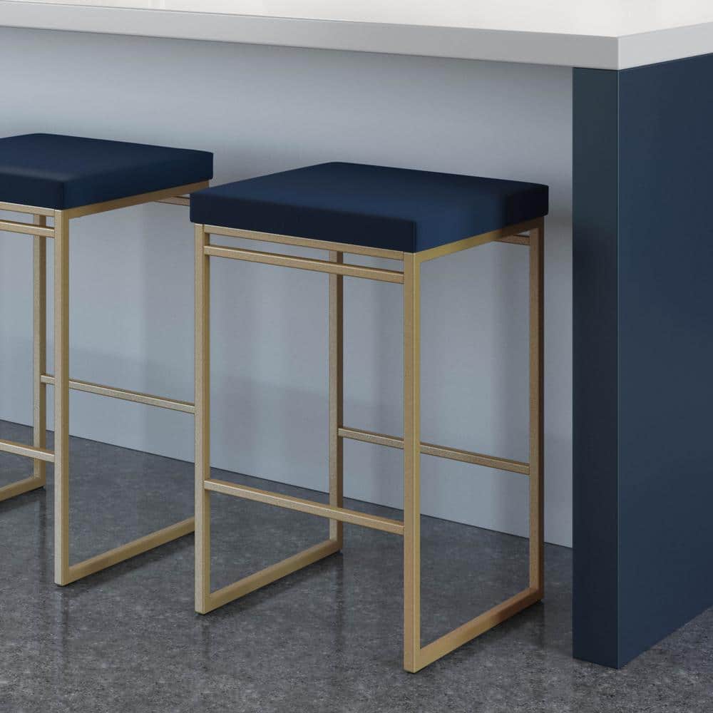 Amisco Easy 26 in. Blue Polyurethane/Golden Metal Metal Counter Stool ...