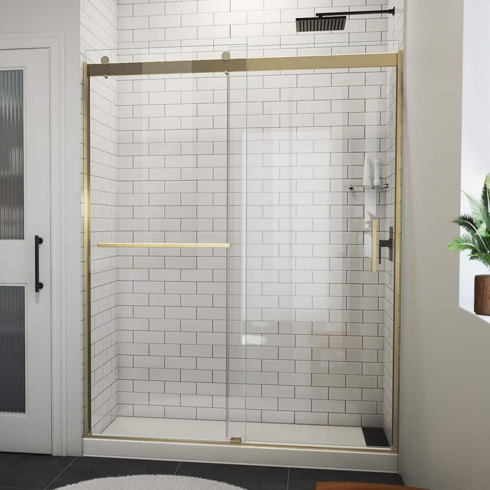 DreamLine Sapphire-V 60 in. W x 76 in. H Sliding Semi Frameless Bypass Shower Door in Brushed ...