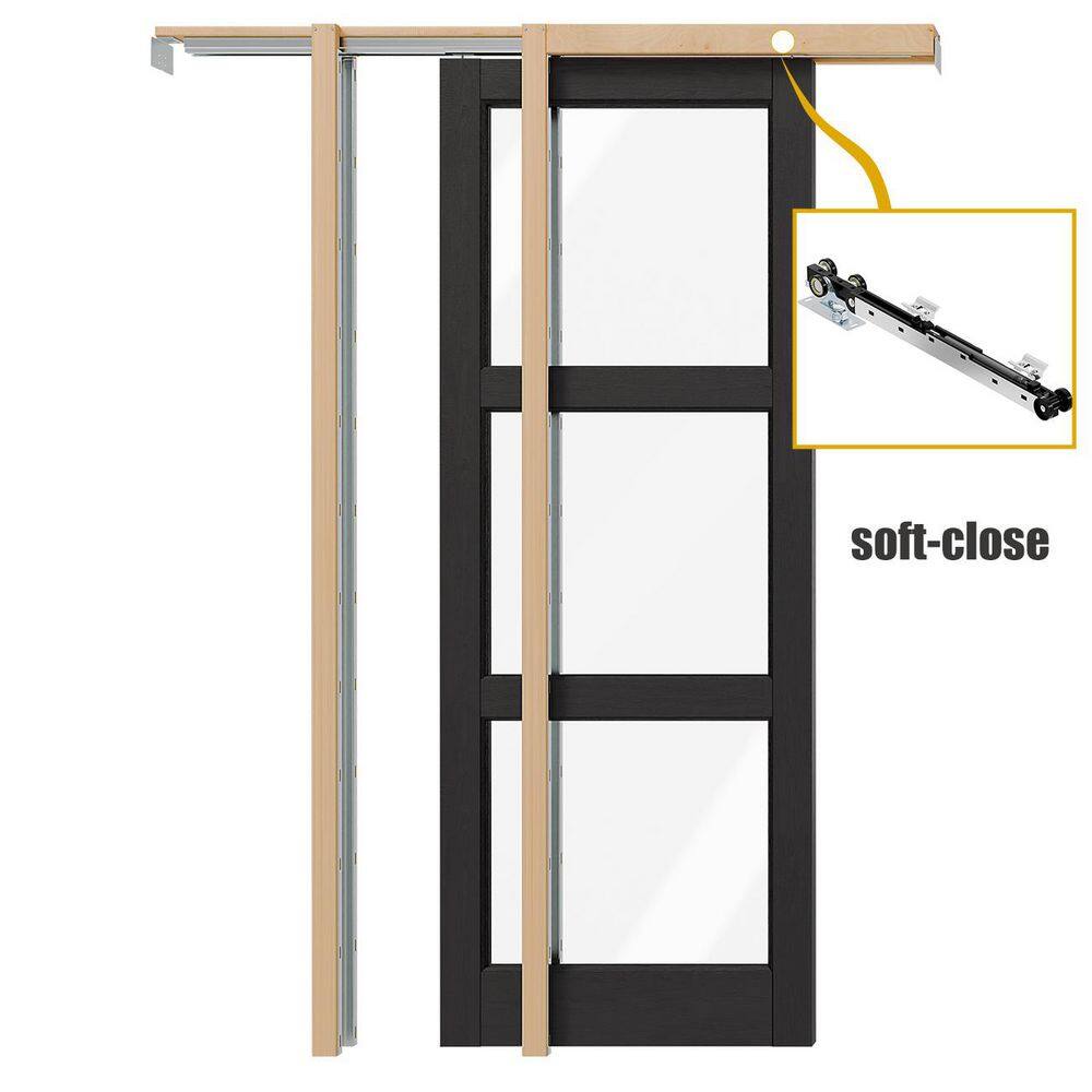TENONER 30 in. x 80 in. 3-Lite Clear Glass Black PVC Covering MDF. Wood ...