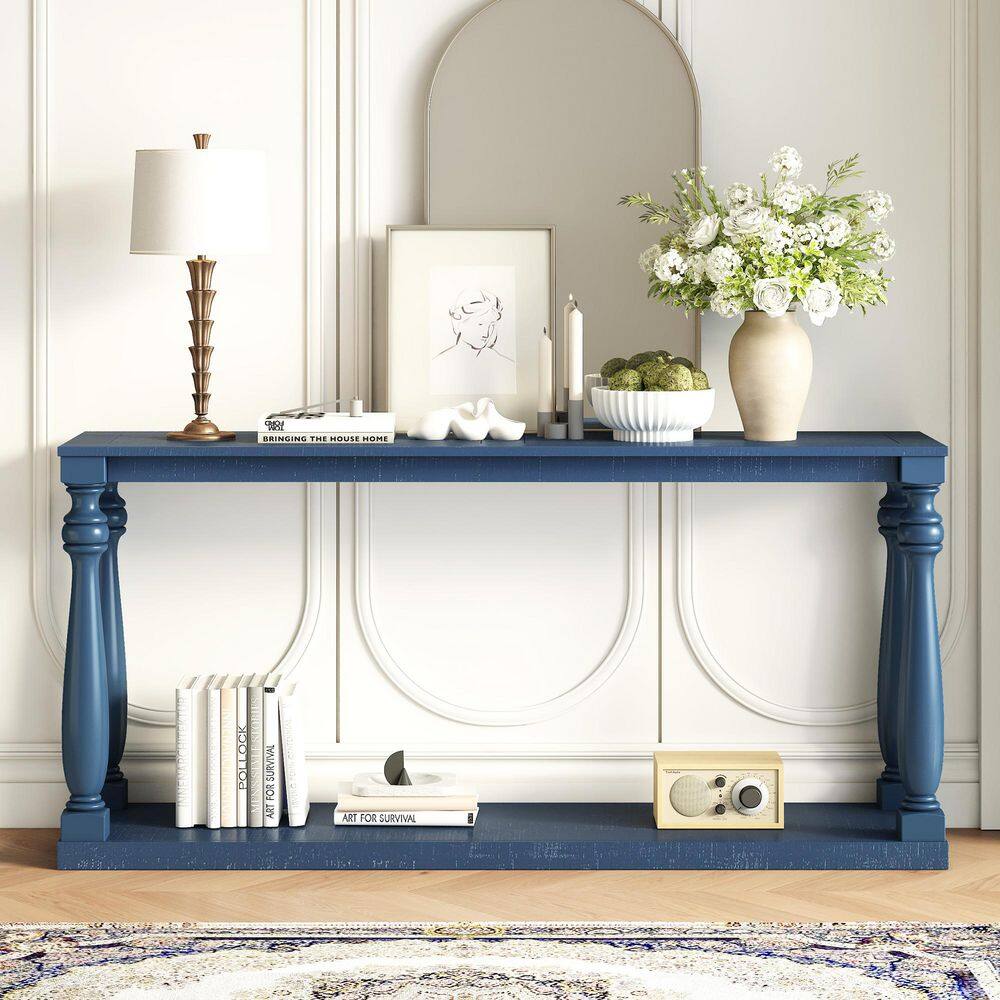Nestfair 63 in. Navy Blue Rectangle MDF Console Table with Bottom Shelf ...