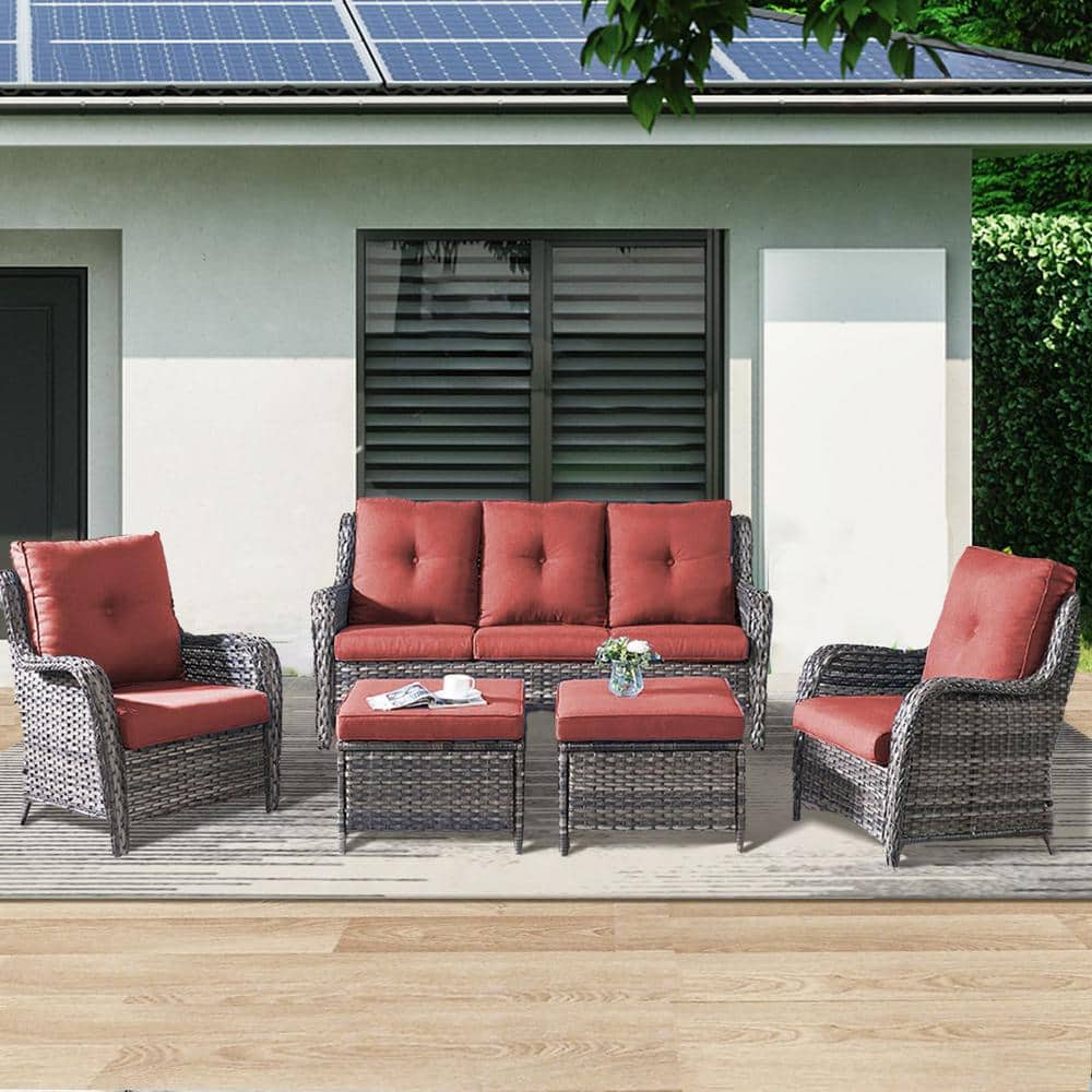 Gymojoy Carolina Gray 5-Piece Wicker Patio Seating Set with Red ...