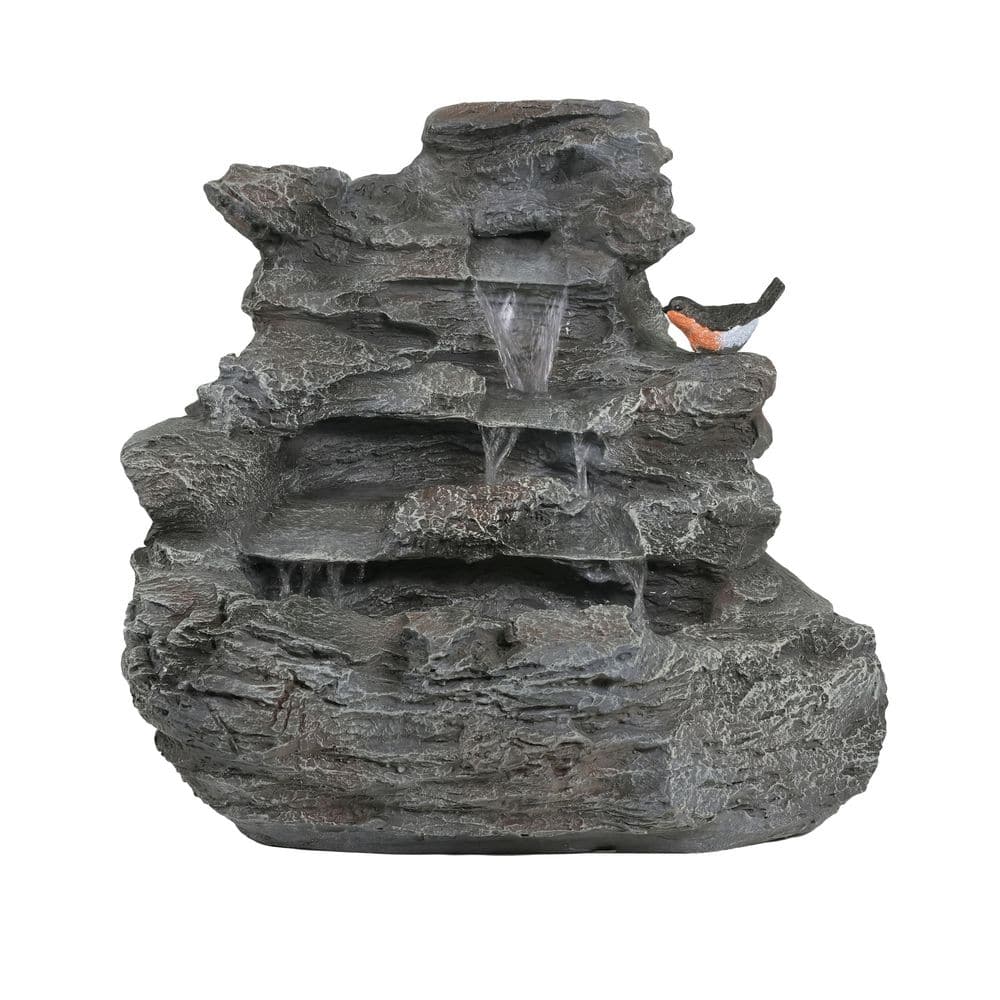 1-Piece Gray Cement 4-Tiered Concrete Rock Waterfall Fountain, Outdoor ...