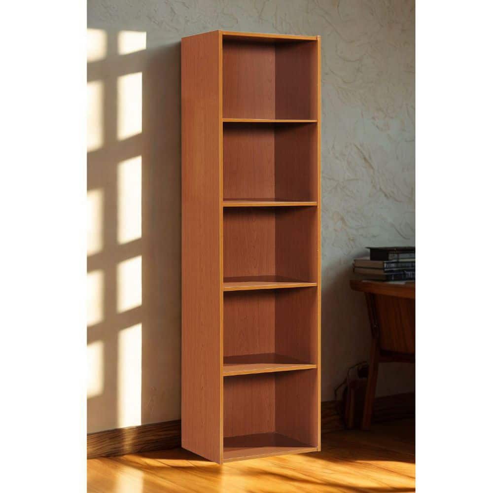 L'Baiet 59 in. Tall Cherry Wood 5-Shelf Bookcase with Open Storage 5 ...