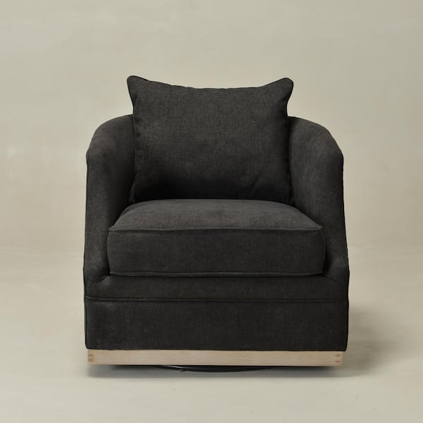 KINWELL Black Modern Linen Upholstered Swivel Barrel Chair with Wood ...