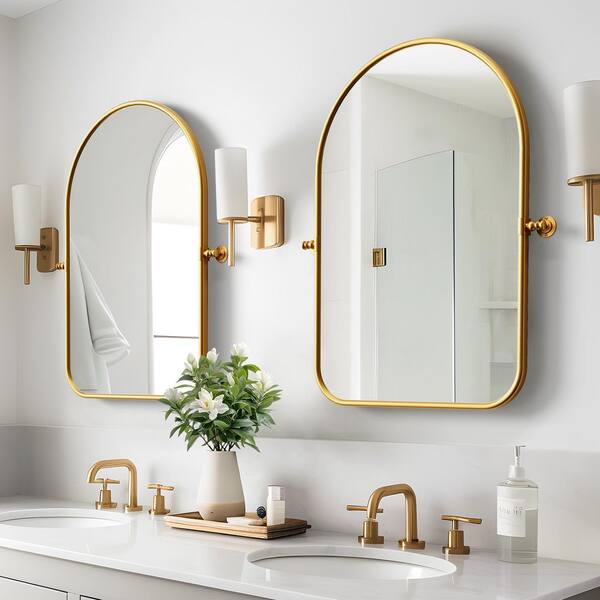 Wooakway Gold 2-Piece 23 in. W x 32 in. H Arch Metal Accent Wall Mirror ...