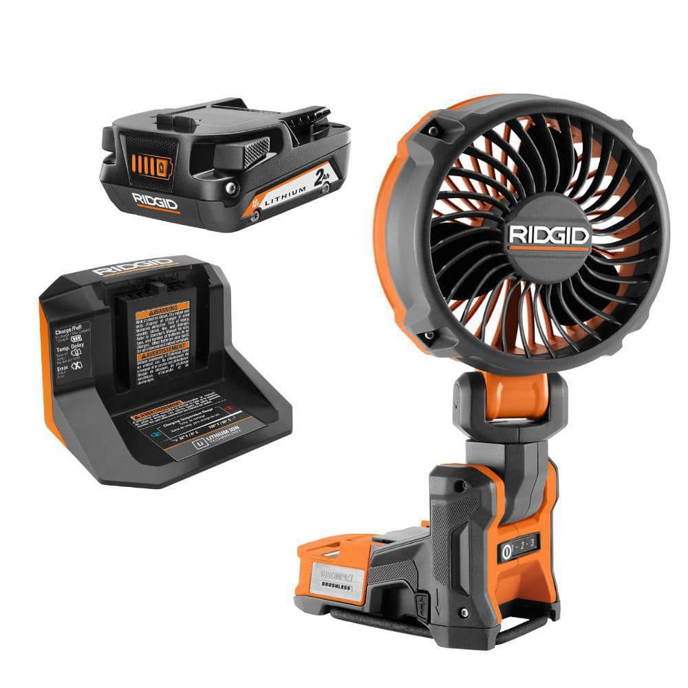 RIDGID 18V SubCompact Brushless Cordless Magnetic Clamp Fan Kit with 2. ...