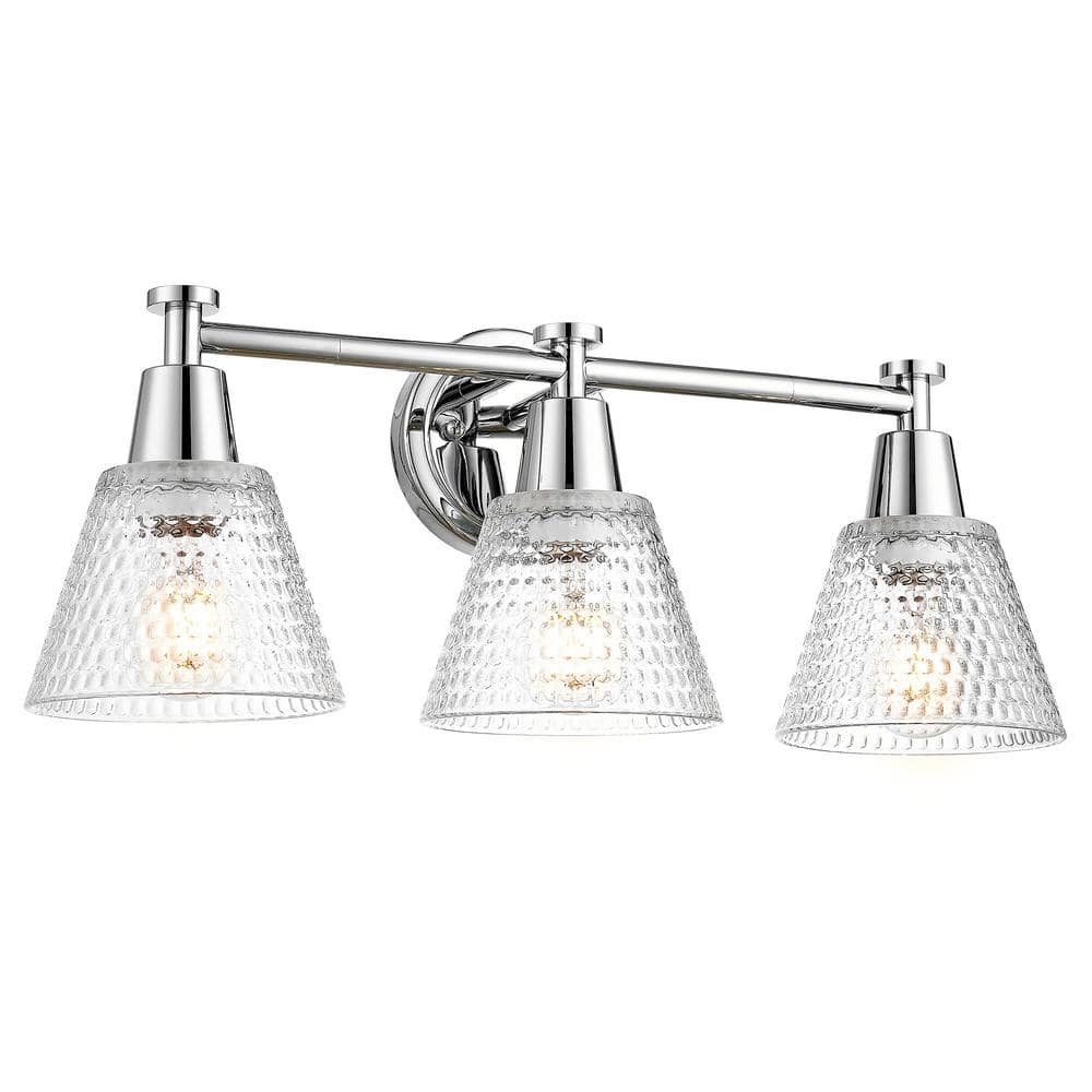 JAZAVA 21.6 in. 3-Light Chrome Vanity Light with Hammered Glass Shade ...