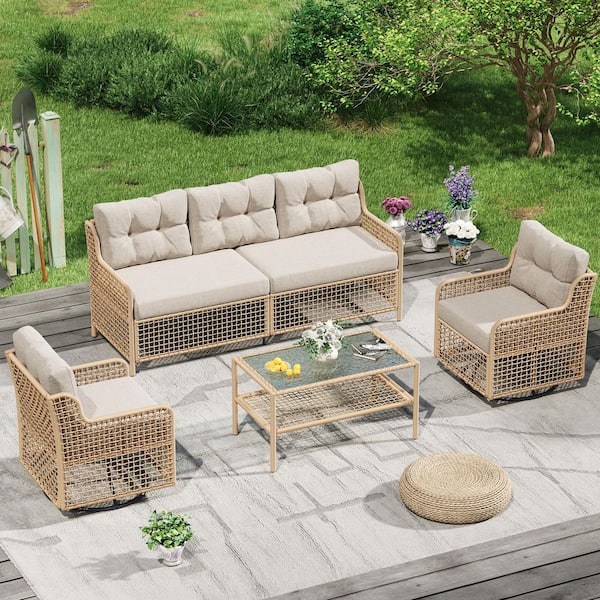 ELPOSUN 5-Seat 4-Piece Yellow Wicker Outdoor Patio Conversation Set ...