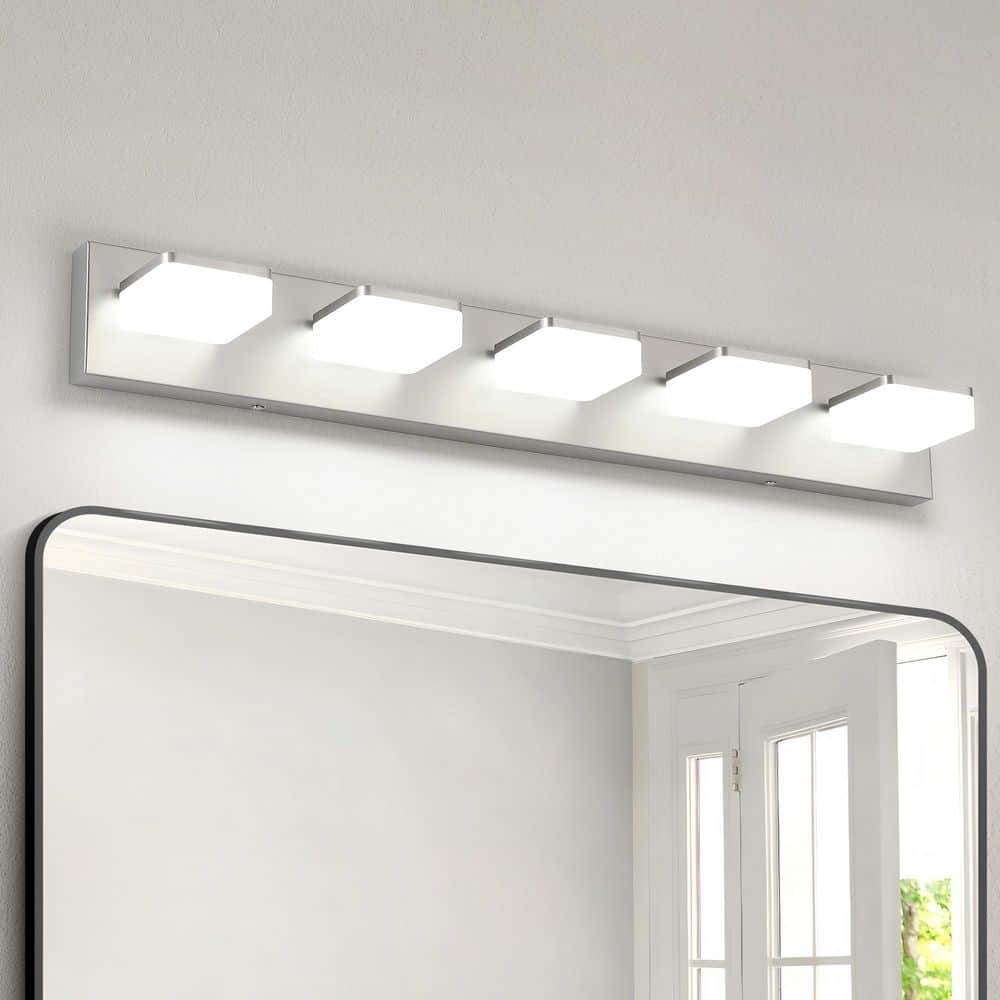 JUSHENG 32.28 in. 5-Light Nickel LED Vanity Light with Dimmable 5500K ...