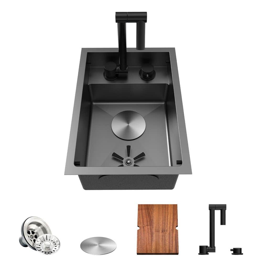Wudkey Black Stainless Steel 12 in. Single Bowl Bar Sink with 360 ...
