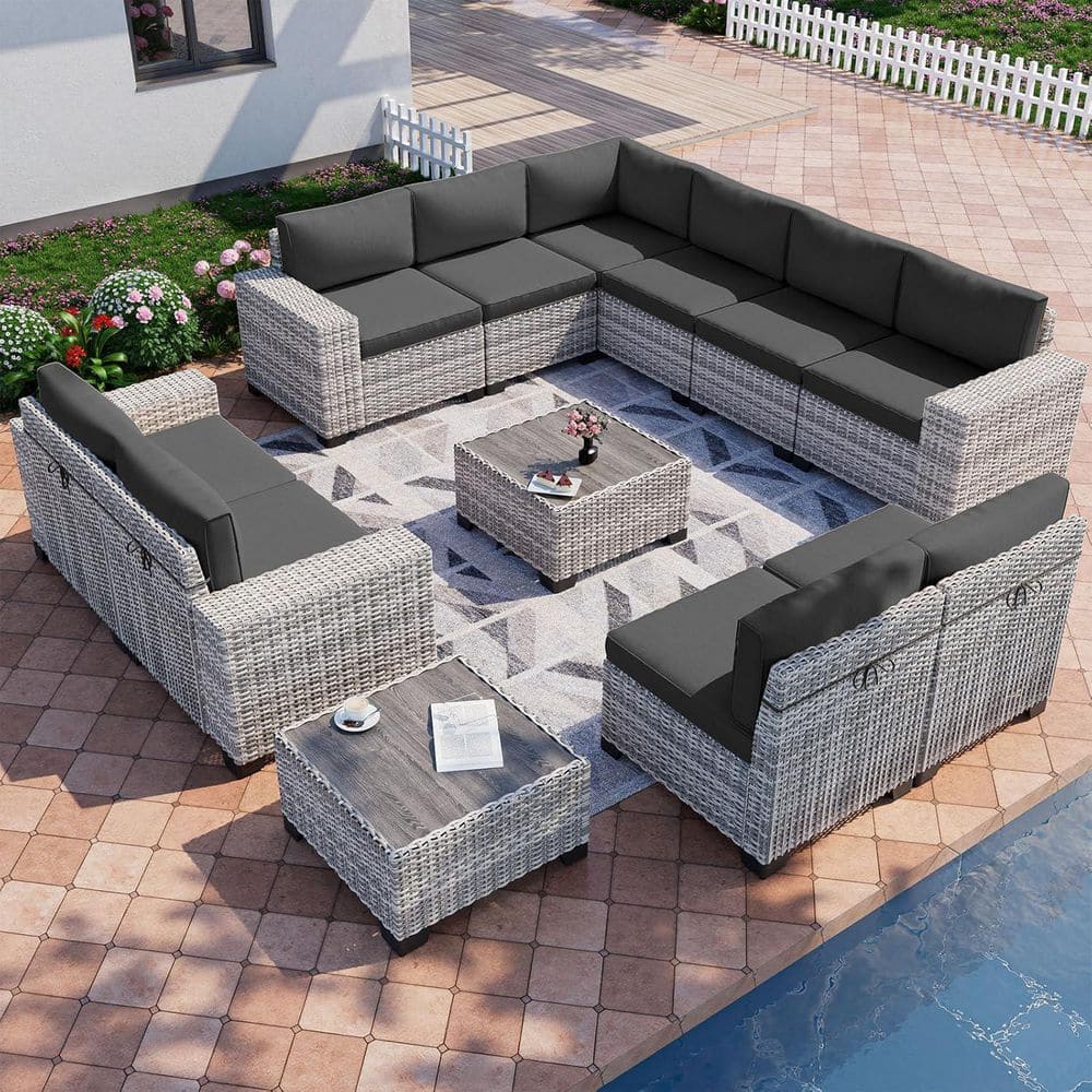 muphyers 12-Piece Wicker Outdoor Sectional Set Sofa Couch with Dark ...