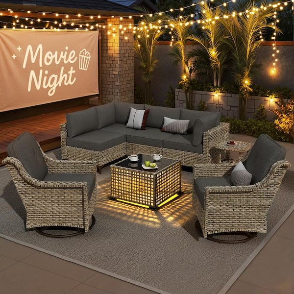 OVIOS Holy Gray 8-Piece Wicker Patio Conversation Set with Black ...